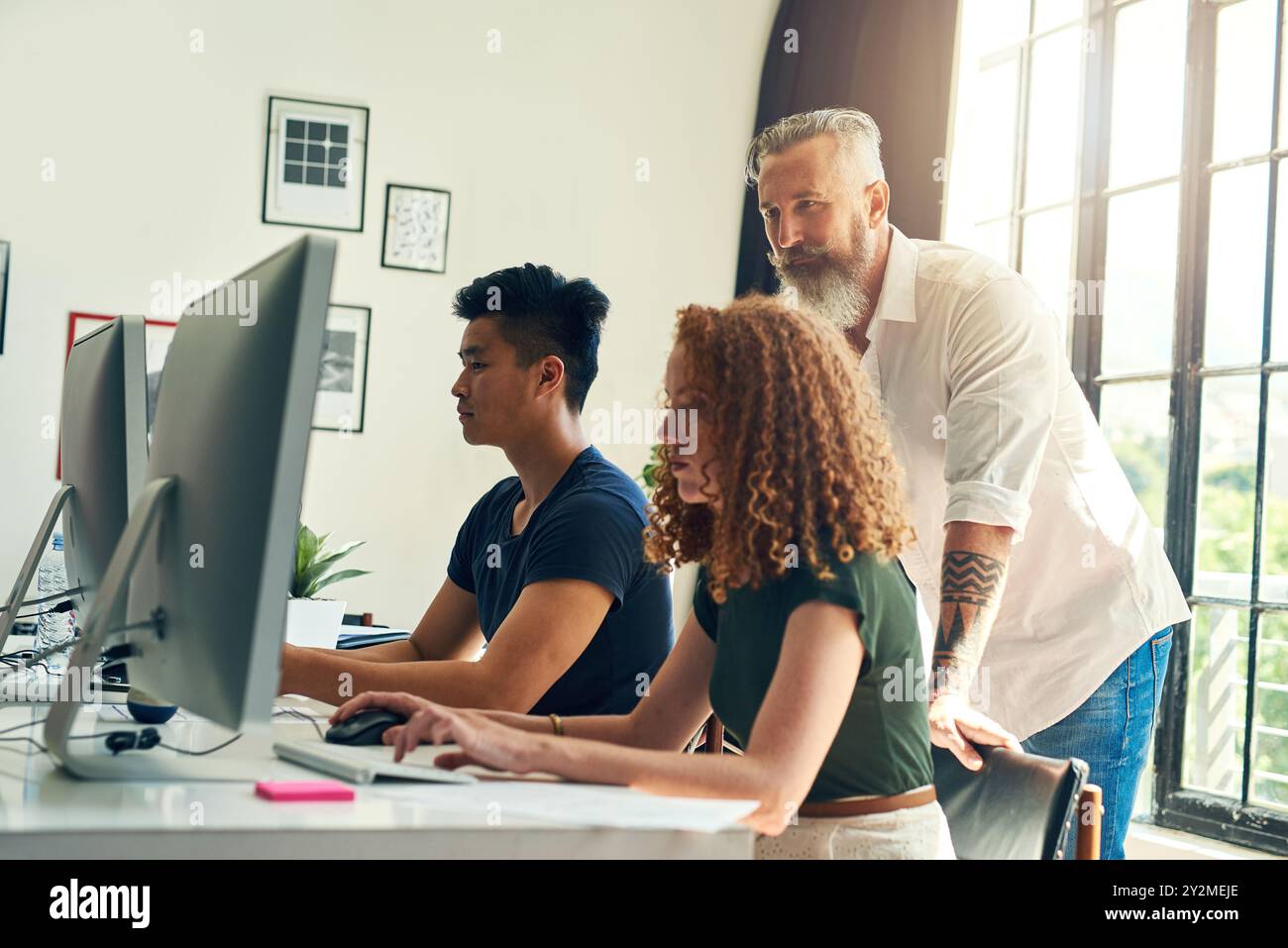 Business people, computer and collaboration for feedback, research and ...