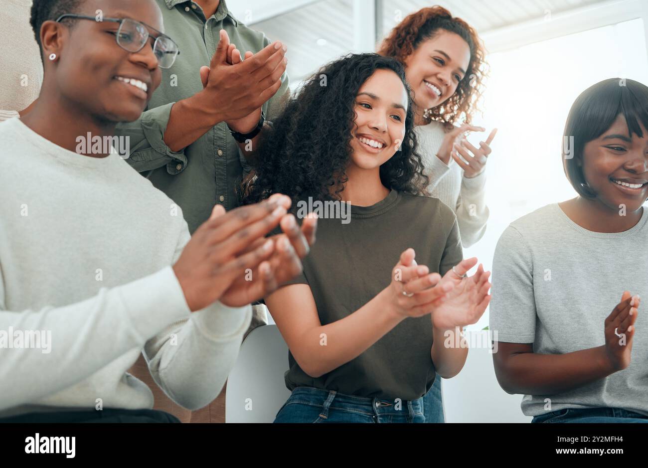 Office, teamwork and business people with applause for presentation ...