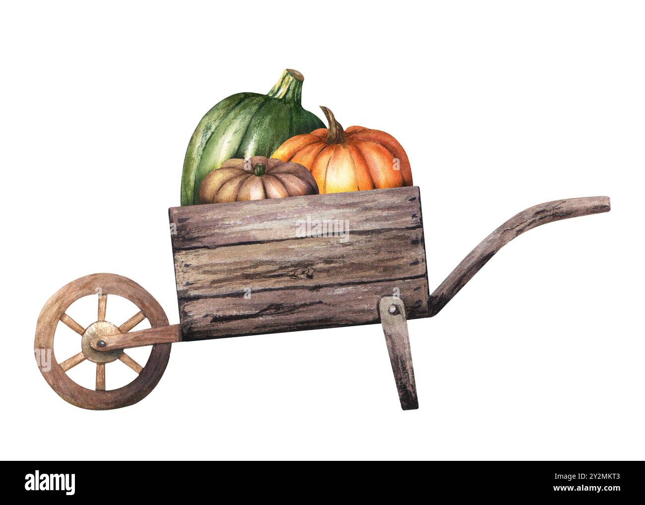 Antique rustic old wooden wheelbarrow with classic autumn vegetables ...