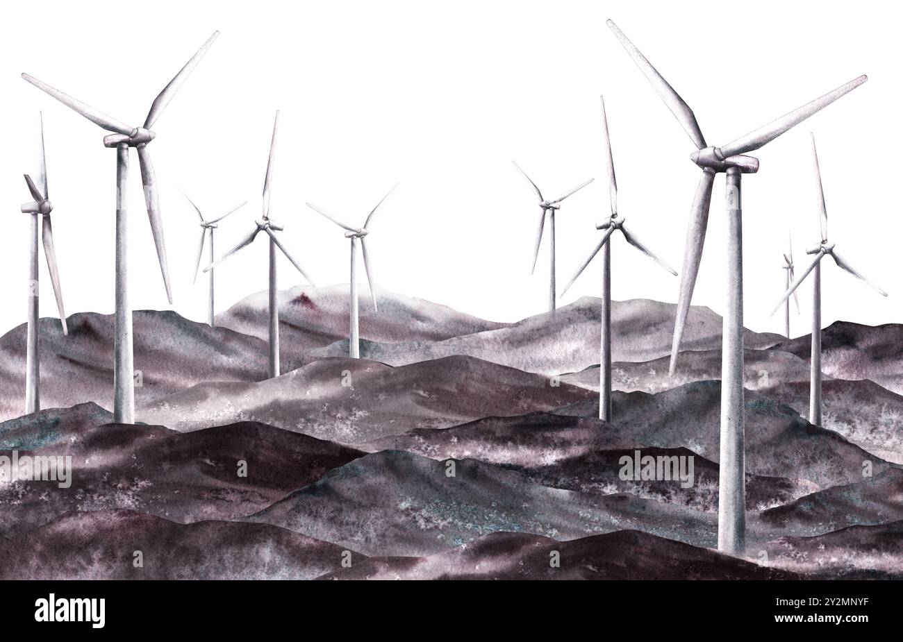 Watercolor monochrome landscape with windmills, wind turbine on ...