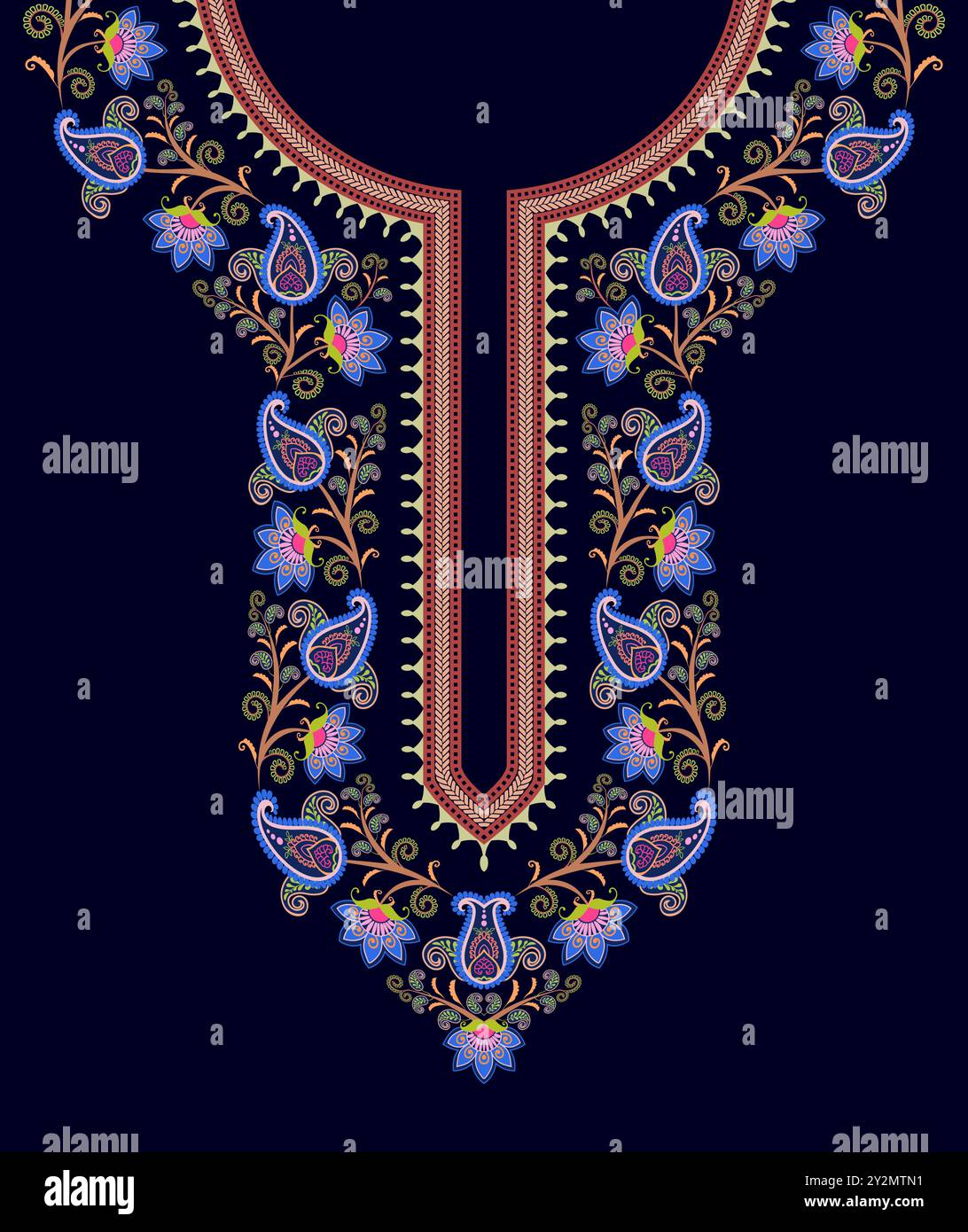 Embroidery v-neck design with floral paisley patterns and vine scroll ...