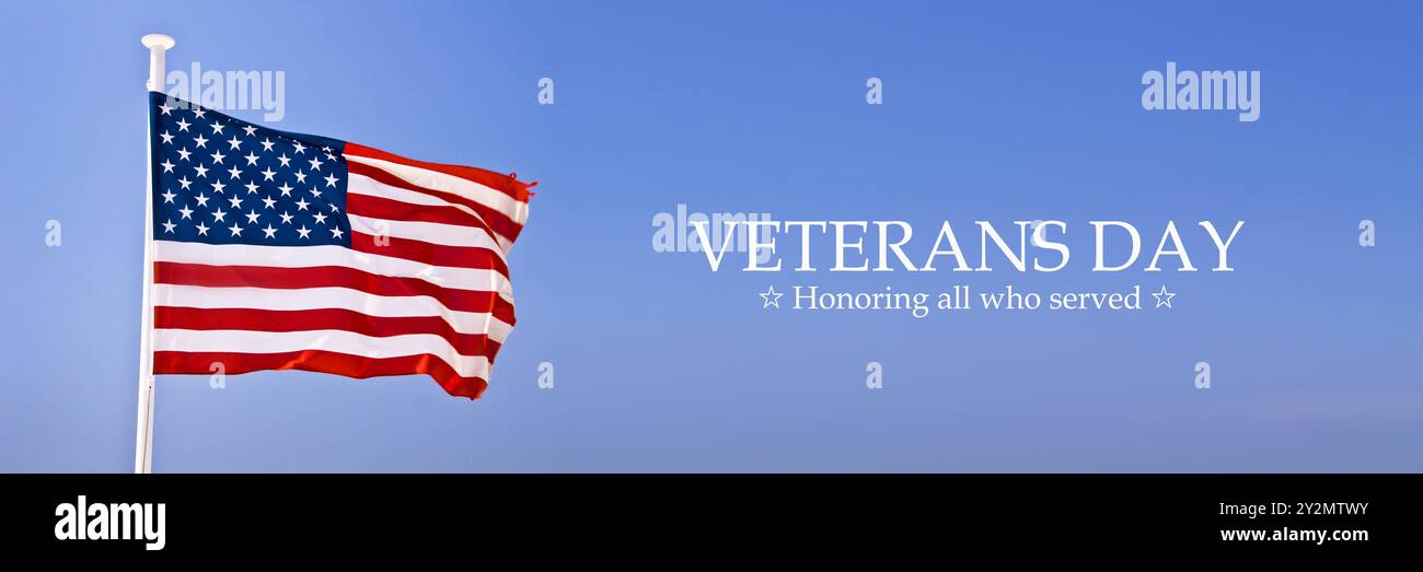 American flag on panoramic sky background with text for Veterans Day ...