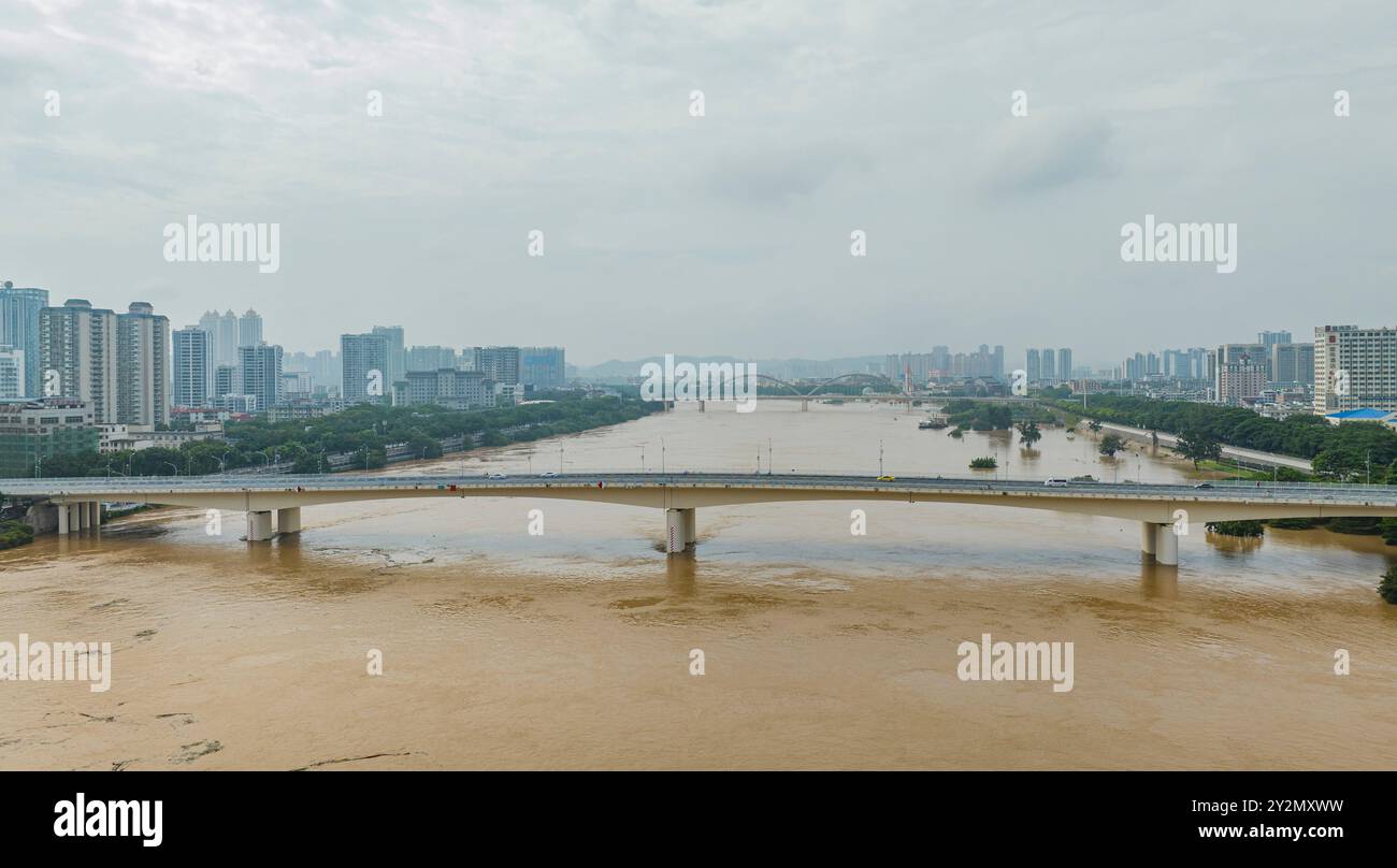 NANNING, CHINA - SEPTEMBER 11, 2024 - Flood view near Taoyuan Bridge in ...