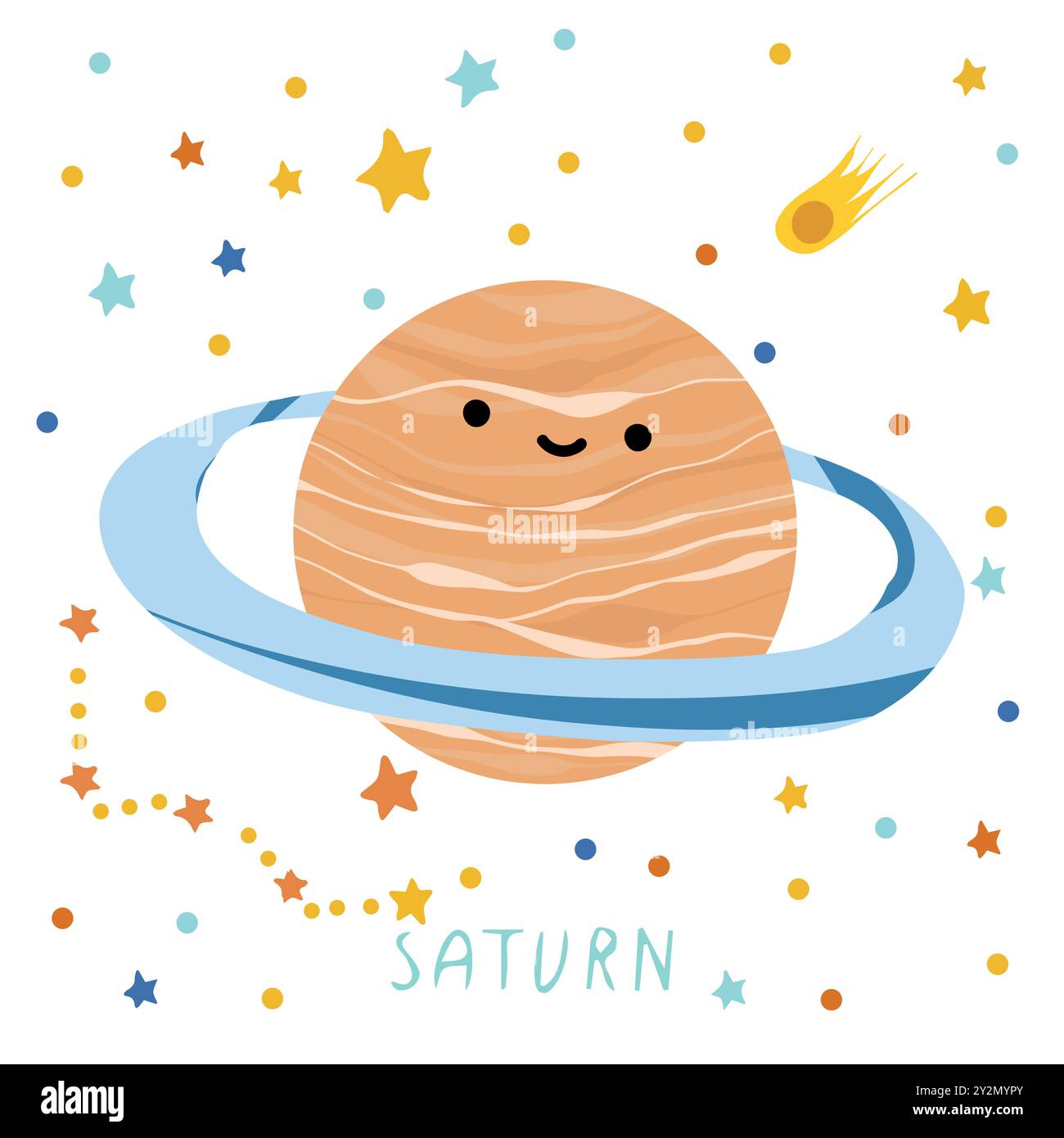 Solar system of planets for kids. Saturn with cartoon face. Vector ...