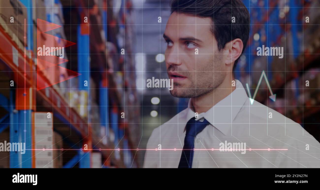 Image of financial data processing and caucasian male worker using ...