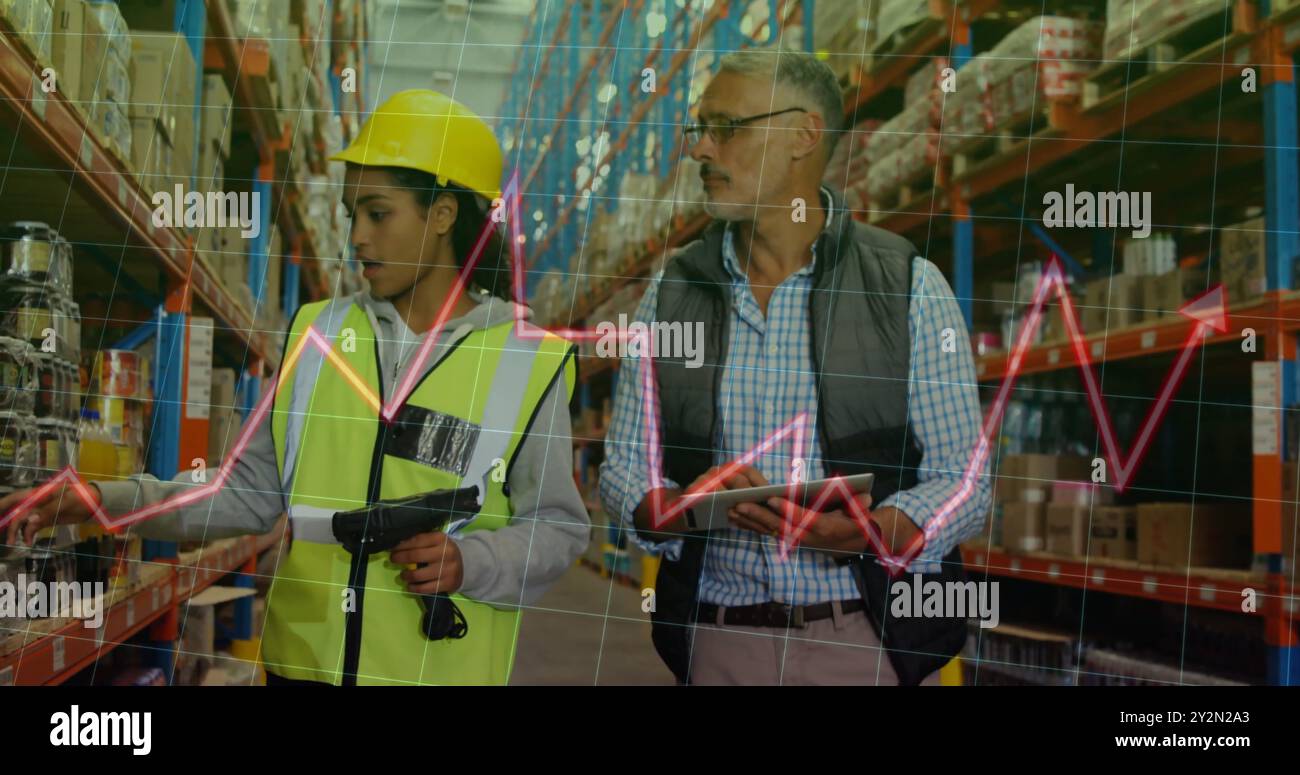 Image of financial data processing and diverse workers in warehouse ...