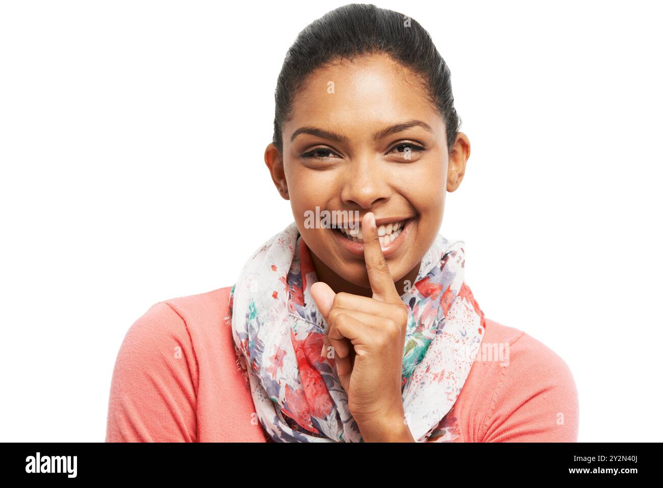 Woman, portrait and finger for quiet in studio, secret and privacy ...