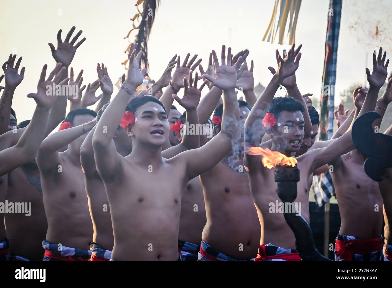 Balinese actors performing the typical Kecak dance on a stage in ...