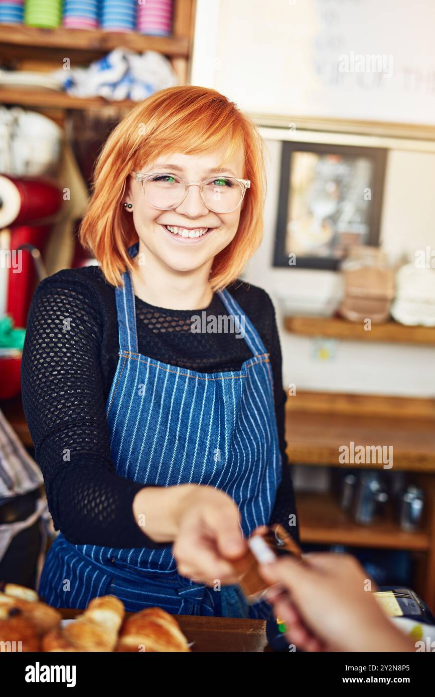 Coffee shop, payment and portrait of woman with card for service ...