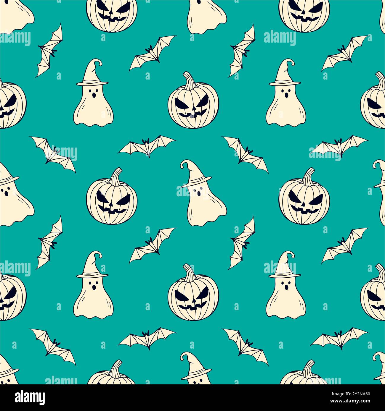 Scary Halloween pattern with creepy pumpkin, ghost in wizards hat and ...