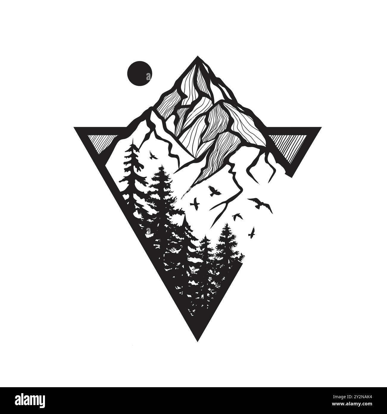 Beautiful hand drawn forest fir trees silhouettes, mountains, birds ...