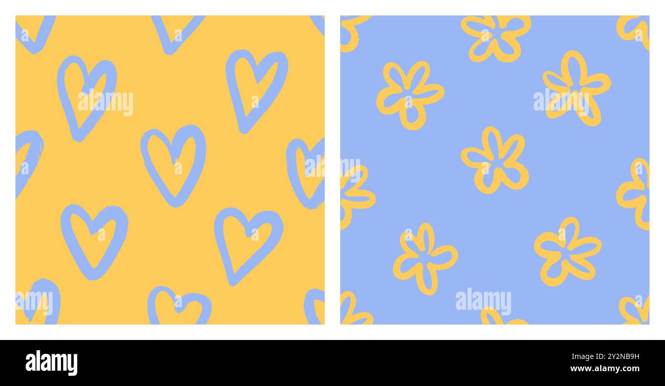 Naive playful seamless pattern set with doodle Hearts and Daisy in ...