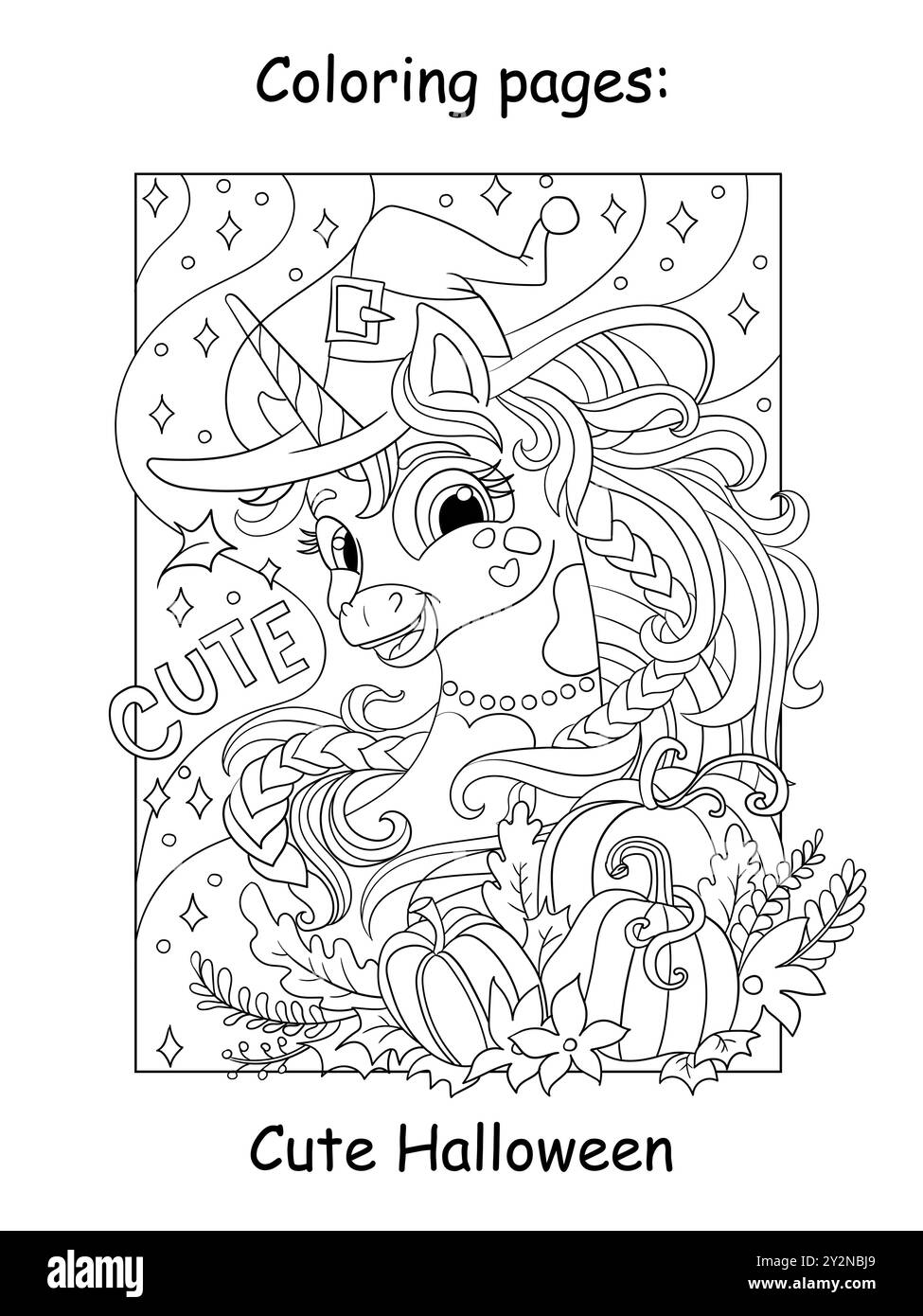 Coloring beautiful unicorn and autumn plants. Vector cartoon monochrome ...