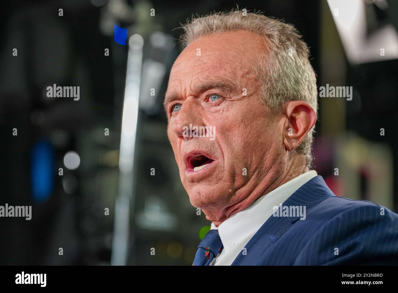 Robert F. Kennedy Jr. speaks with media in the spin room immediately ...