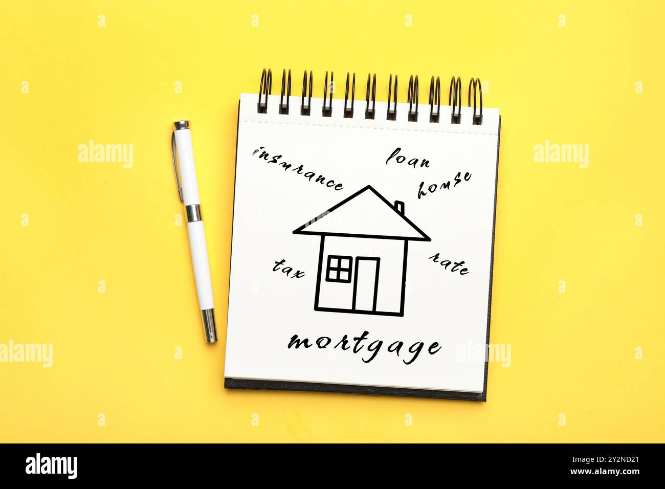 Notebook with drawing of house and words on yellow background, top view ...