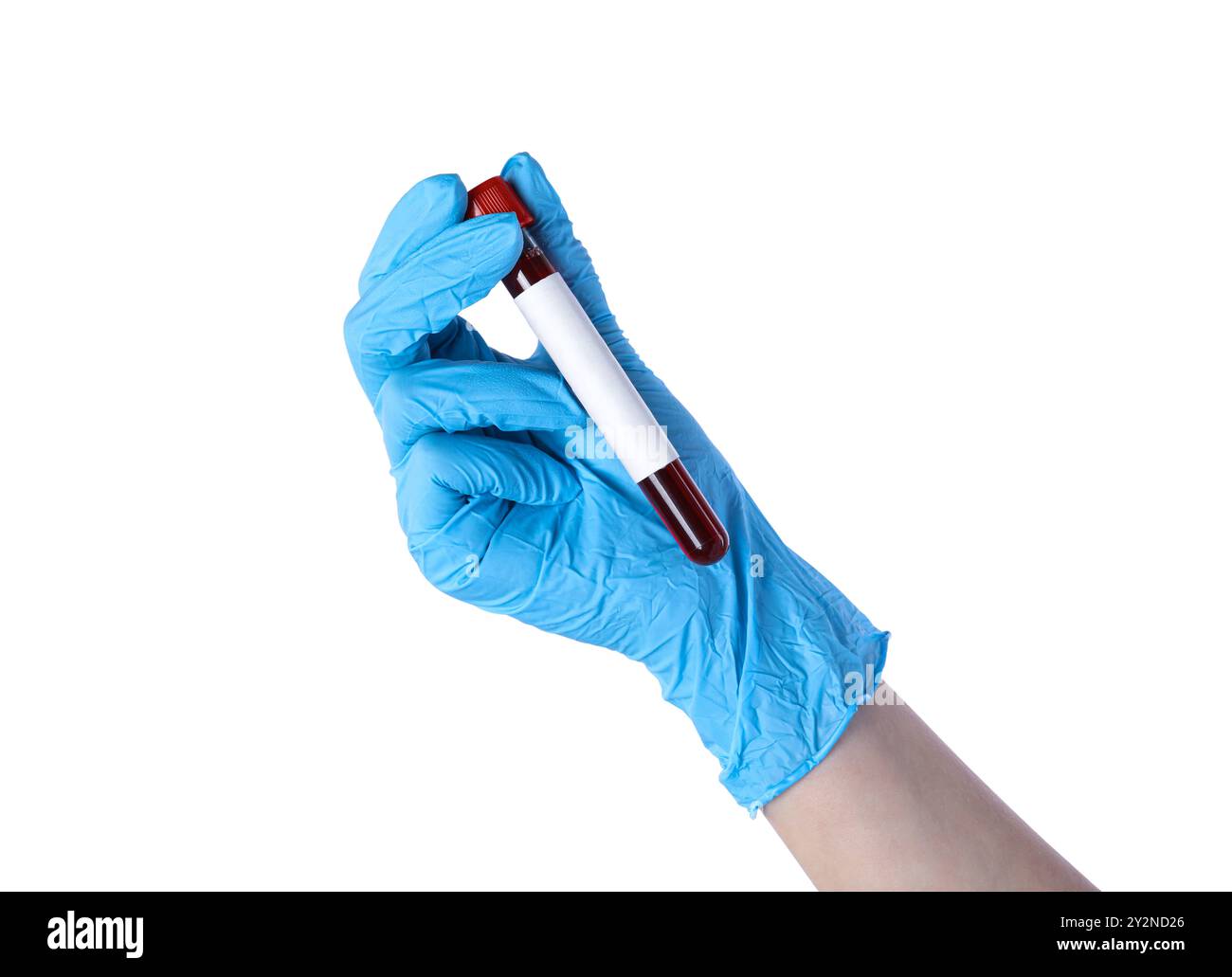 Laboratory worker holding test tube with blood sample and blank label ...