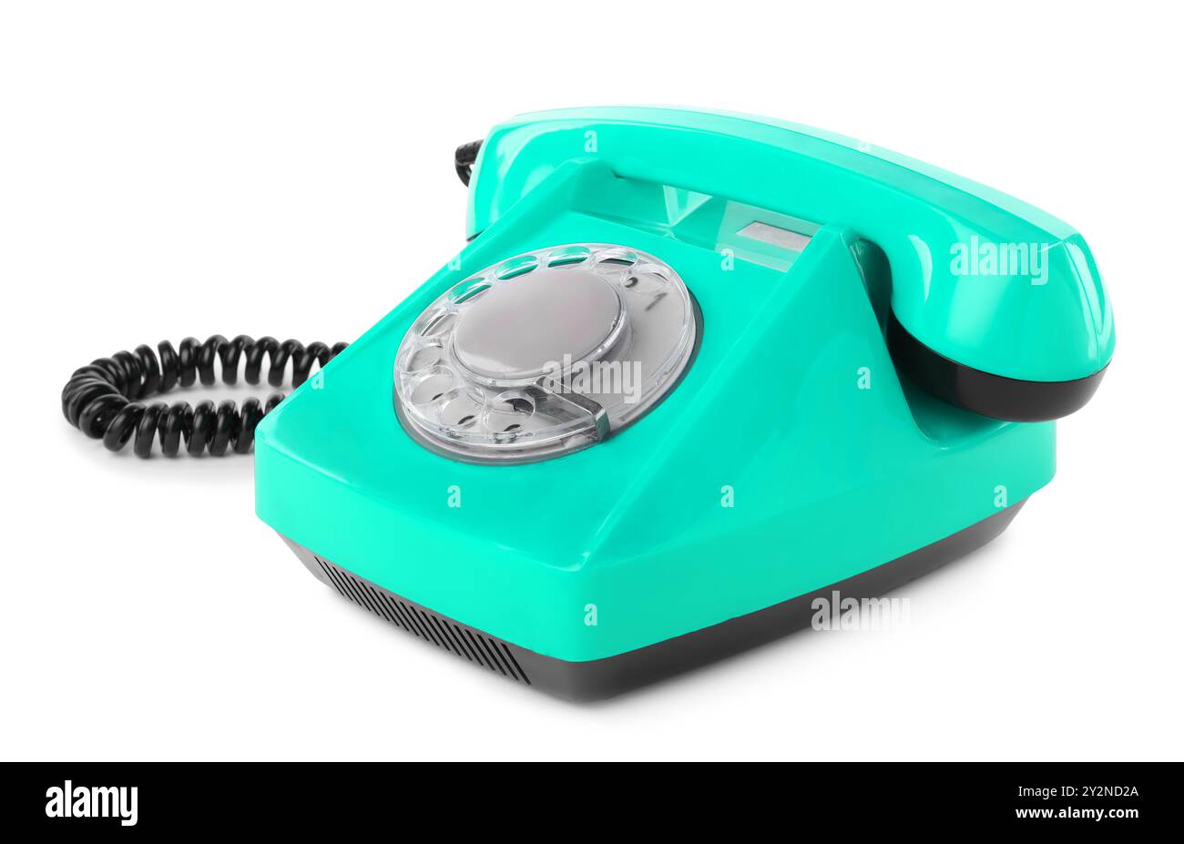 Old turquoise color telephone with rotary dial isolated on white Stock ...