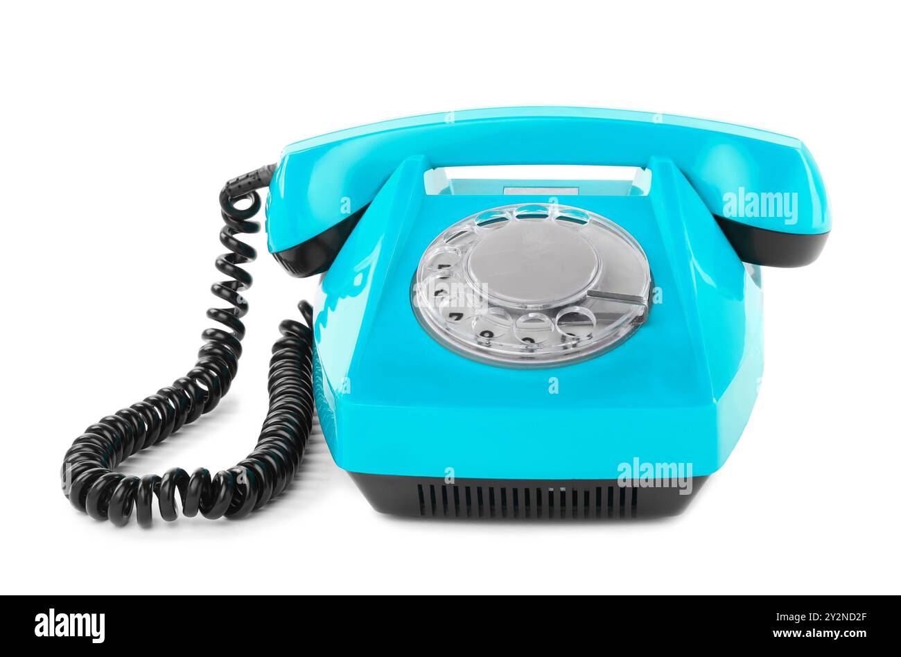 Old light blue telephone with rotary dial isolated on white Stock Photo ...