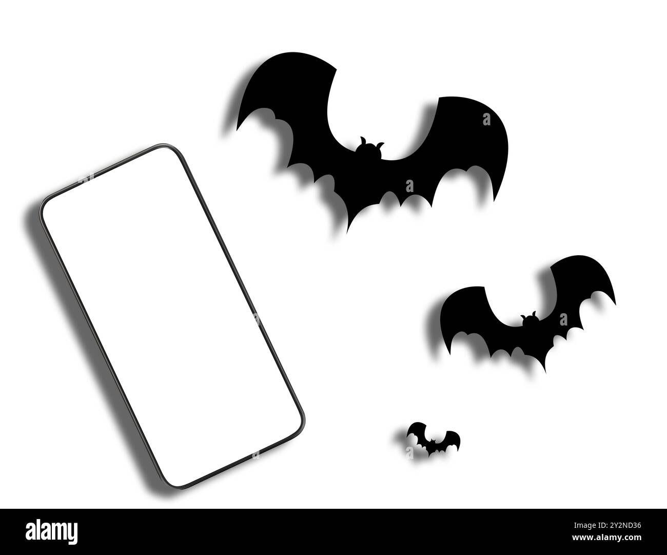 Black bats flying near mobile phone with blank screen on white ...