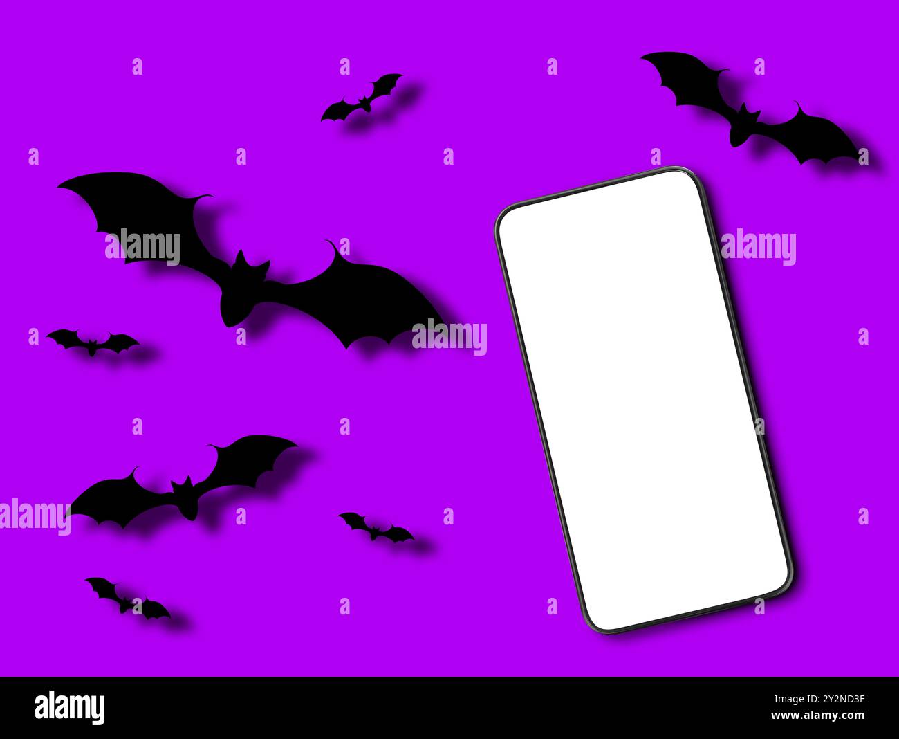 Black bats flying near mobile phone with blank screen on purple ...