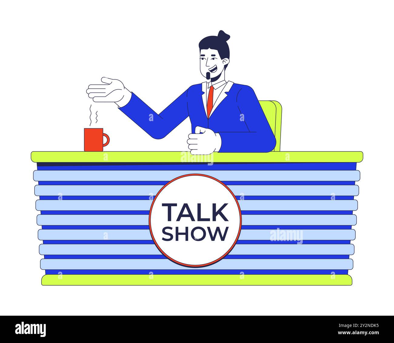 Smiling talk show host sitting at panel table 2D cartoon character ...