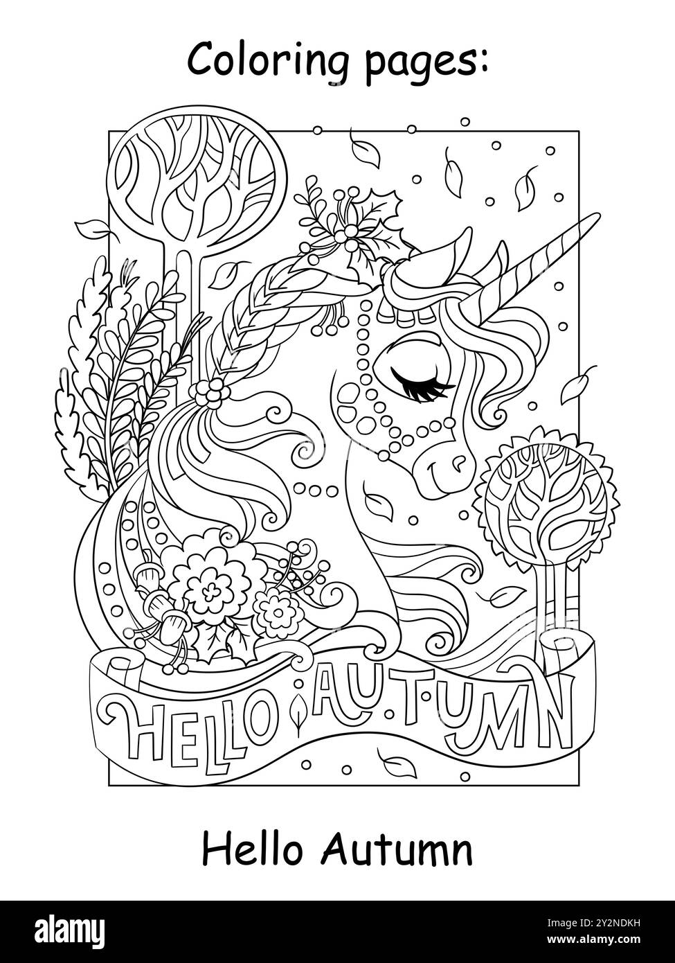 Coloring beautiful autumn unicorn and plants. Vector cartoon monochrome ...