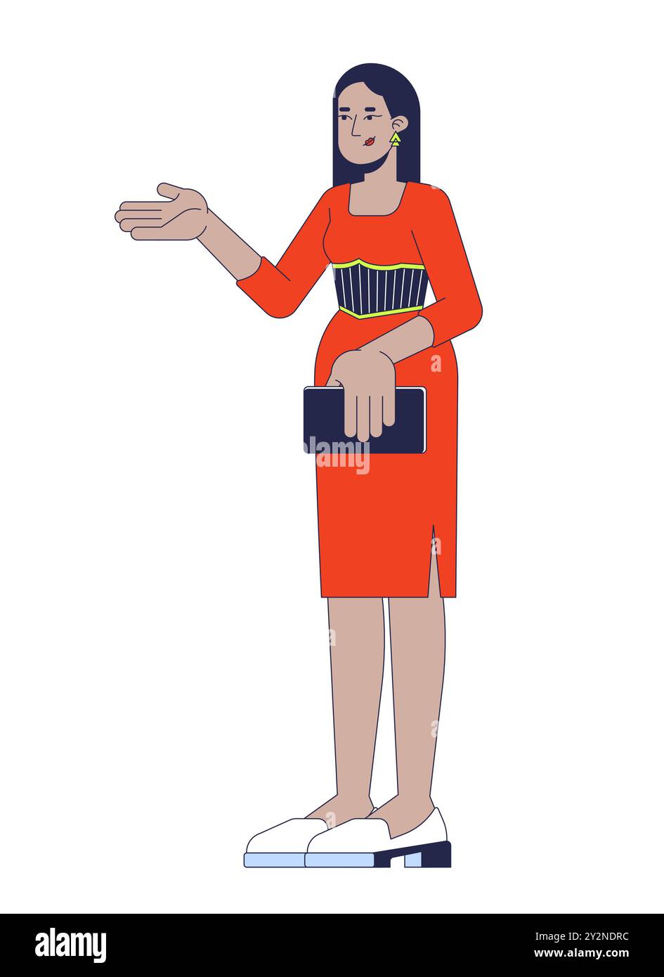 Gesturing presenter woman in elegant dress 2D cartoon character Stock ...