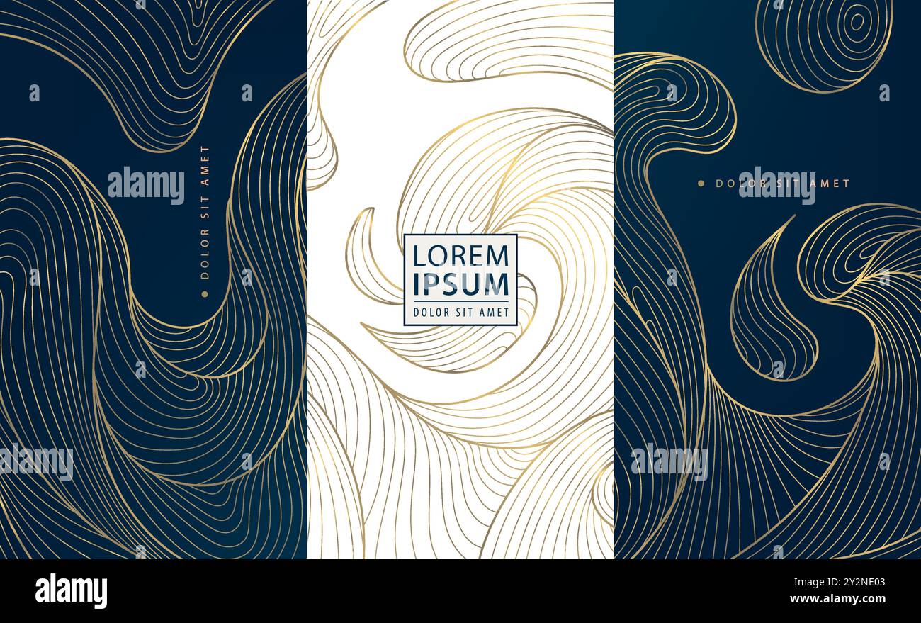 Vector set of wave luxury design background, gold oriental patterns ...