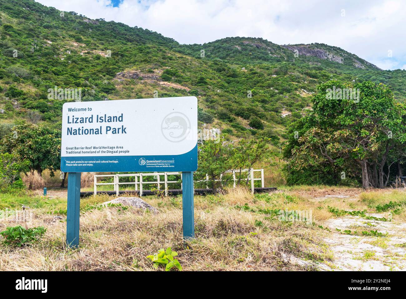 Signboard informing of Lizard Island National Park. Lizard Island is ...