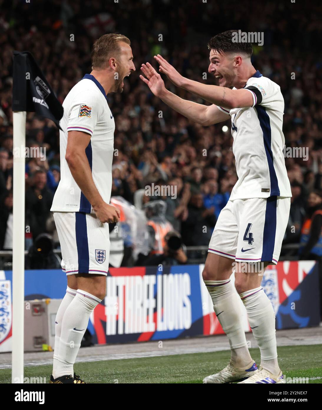 London, UK. 10th Sep, 2024. Harry Kane (E) celebrates with Declan Rice ...