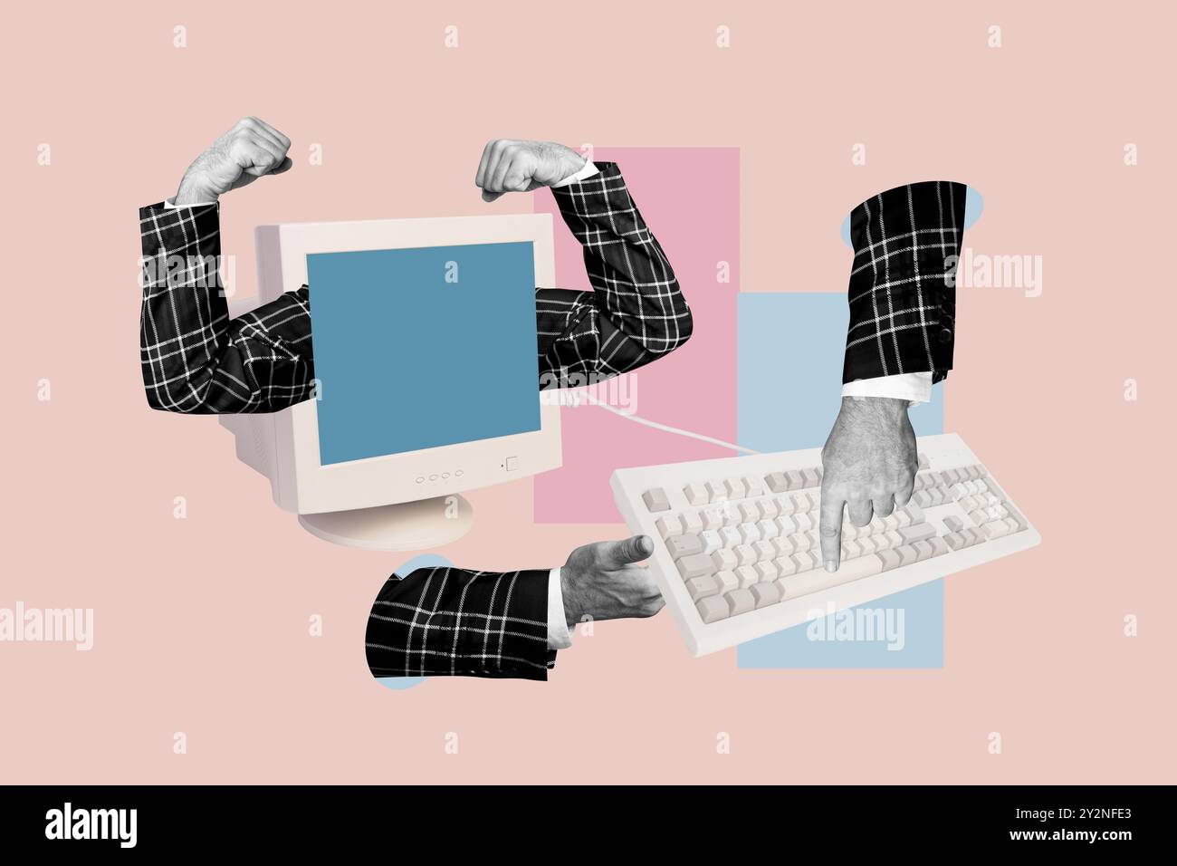 Creative trend collage of funny man monitor strong fists computer ...