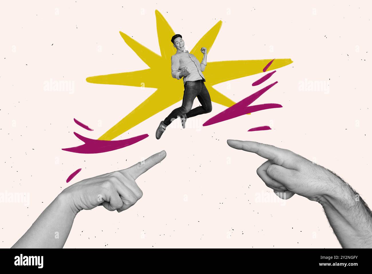 Creative trend collage of funny jumping man fingers point success ...
