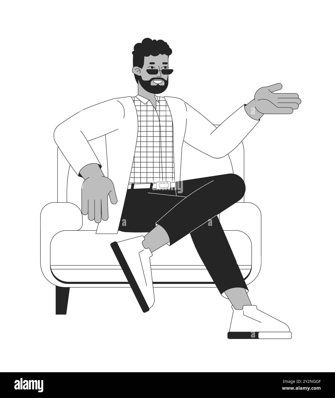 Armchair african american man sitting confident black and white 2D line ...