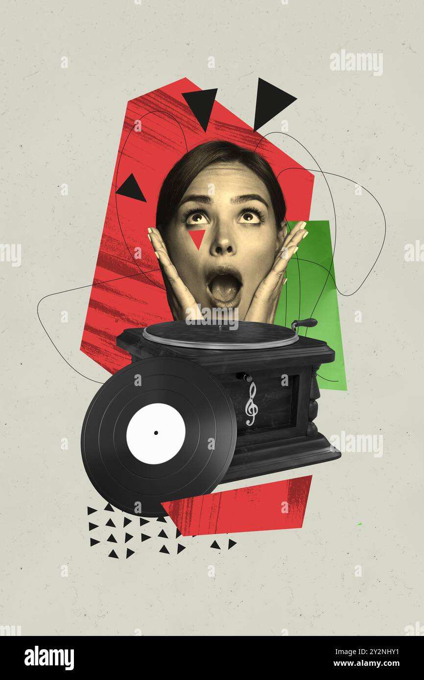 Collage image artwork of excited impressed woman listen music plate ...