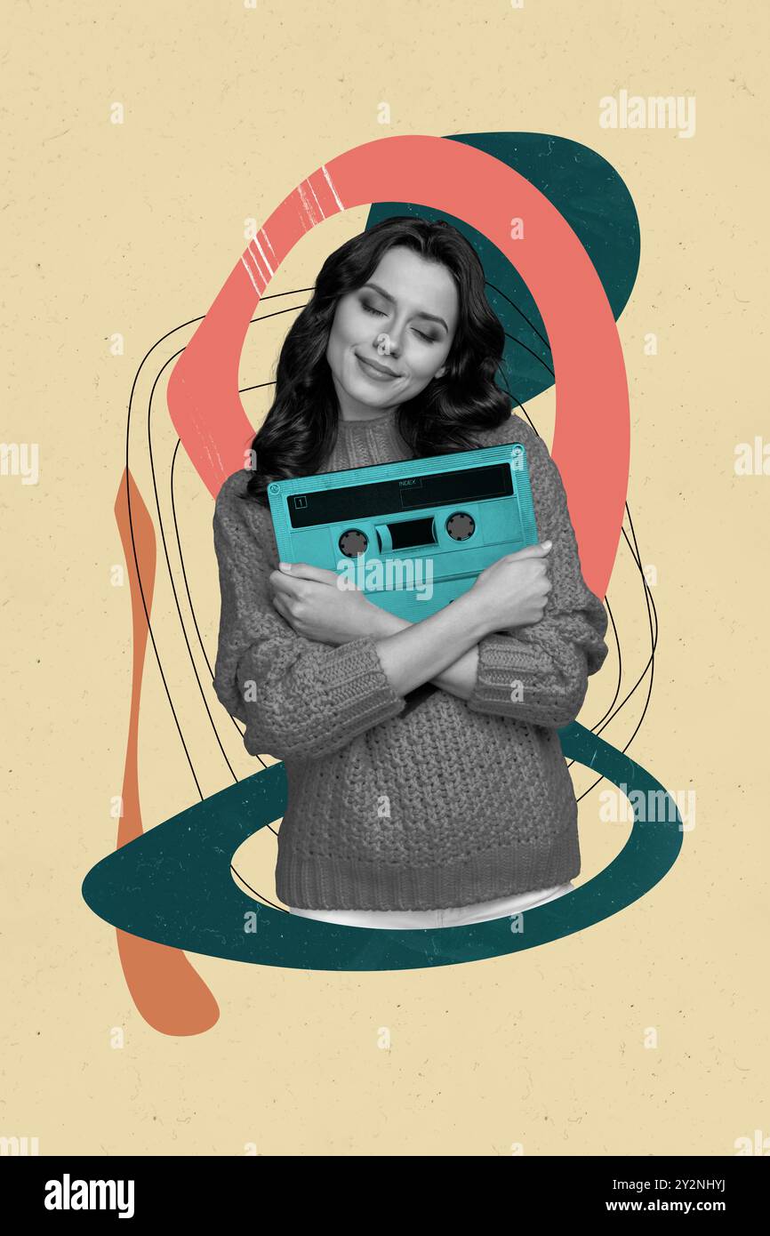 Collage artwork template of adorable lovely cute girl hold disc ...