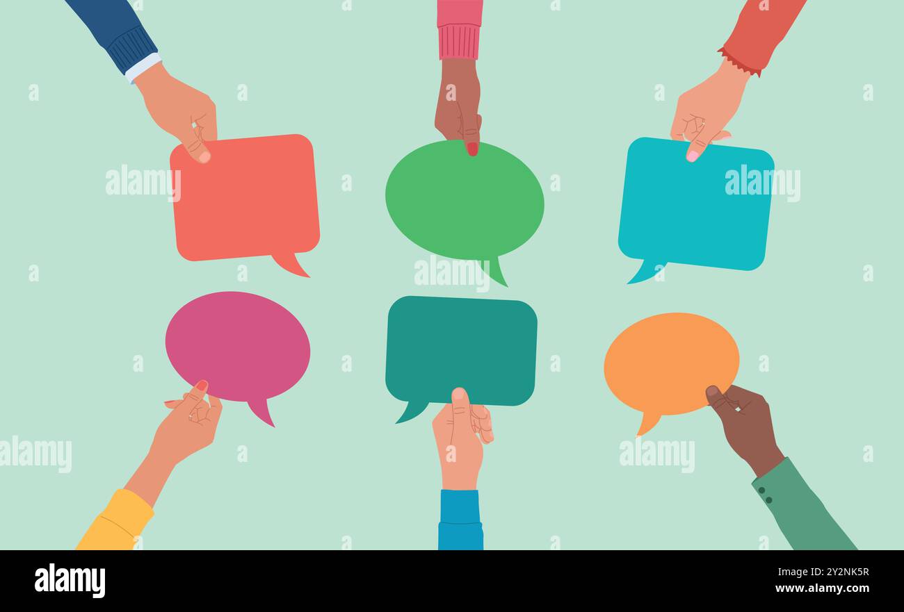 Flat design vector. Hands of workers holding conversation bubbles ...