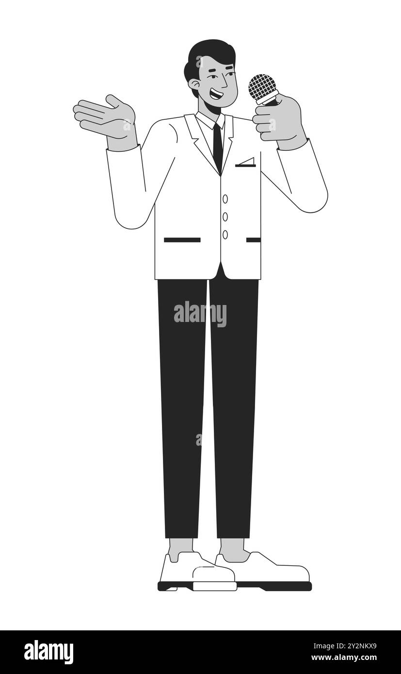 Indian male presenter speaking into microphone black and white 2D line character Stock Vector ...