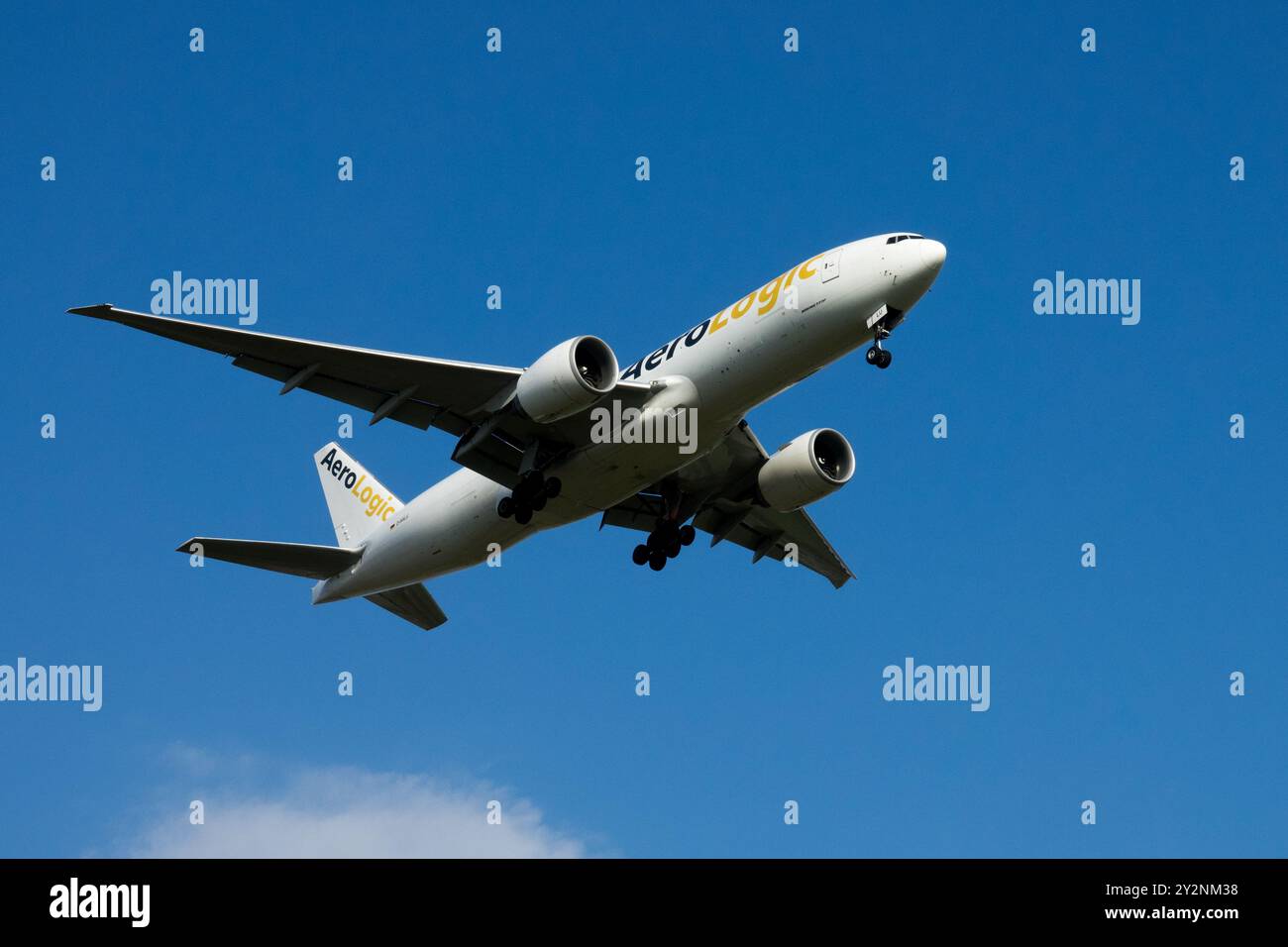 Commercial airplane Aerologic Airline Cargo Plane in mid-flight against ...