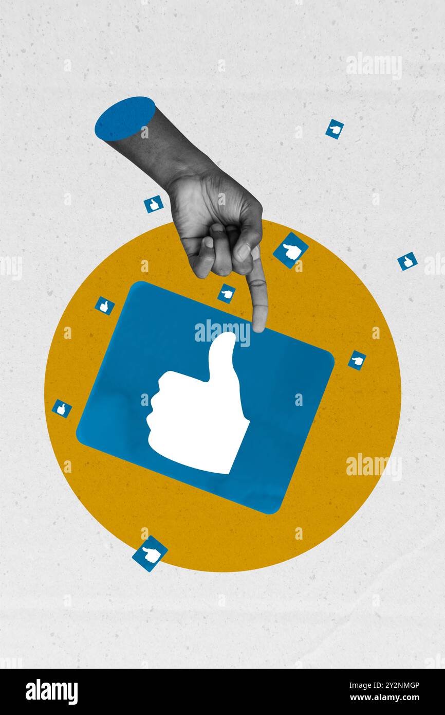 Collage poster image of blogger arm showing sign thumb up popularity ...