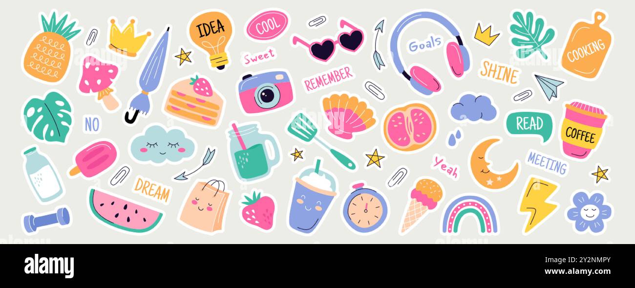 Cute diary journal sticker set. Daily planner labels, scrapbook icons ...