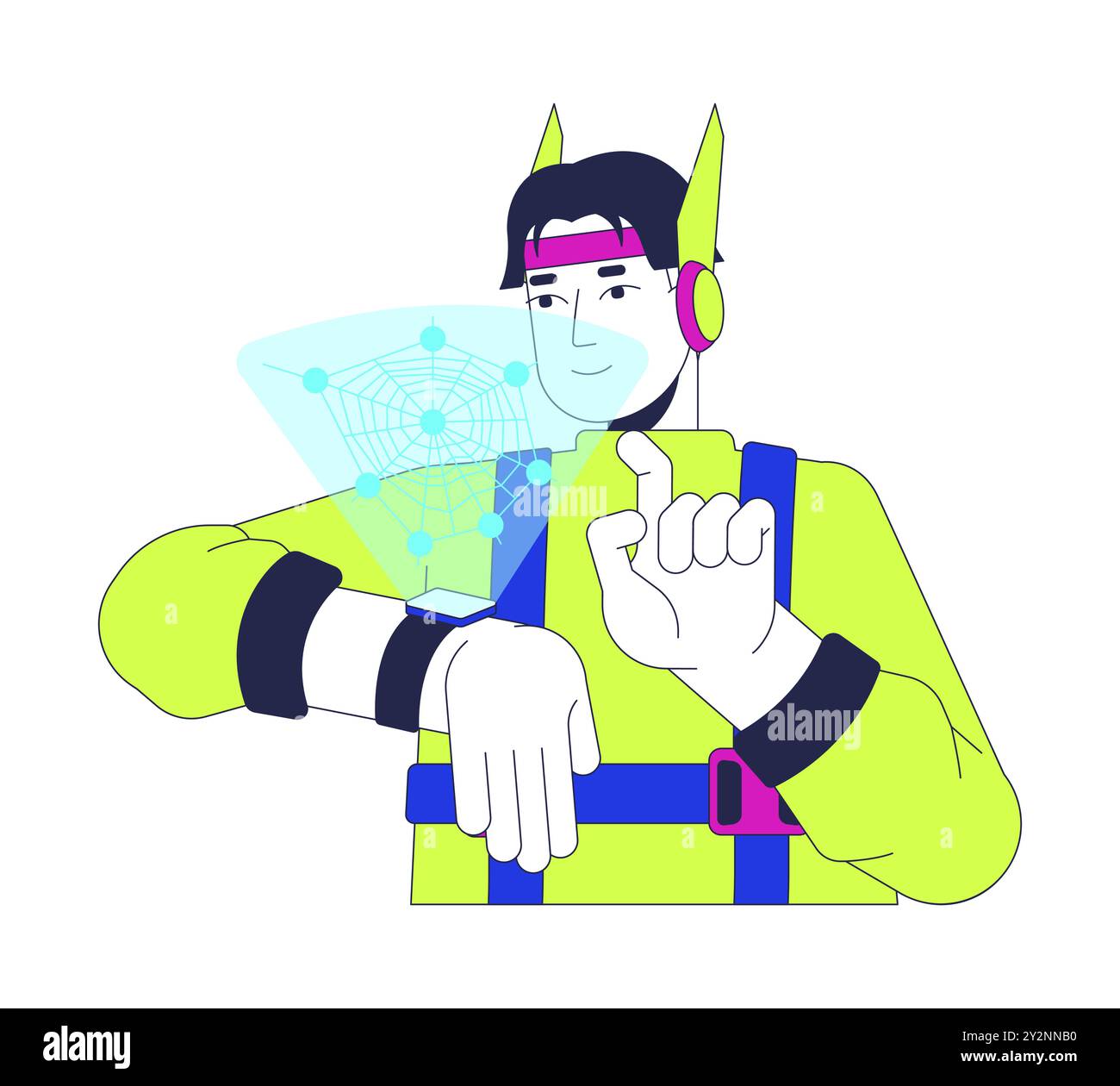 Futuristic man wristwatch hologram touching 2D cartoon character Stock ...