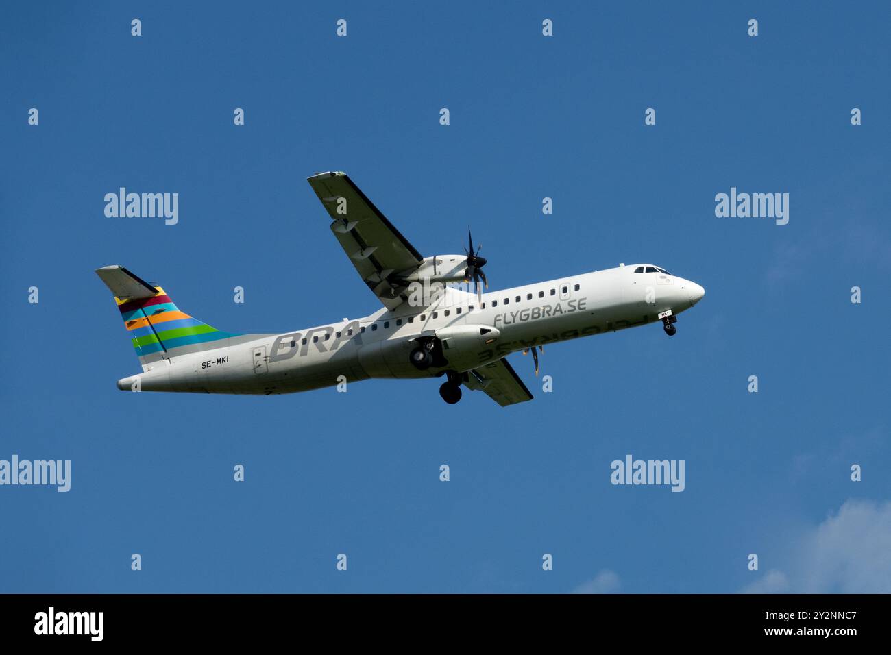 Commercial passenger aircraft flying in clear blue sky with distinctive ...