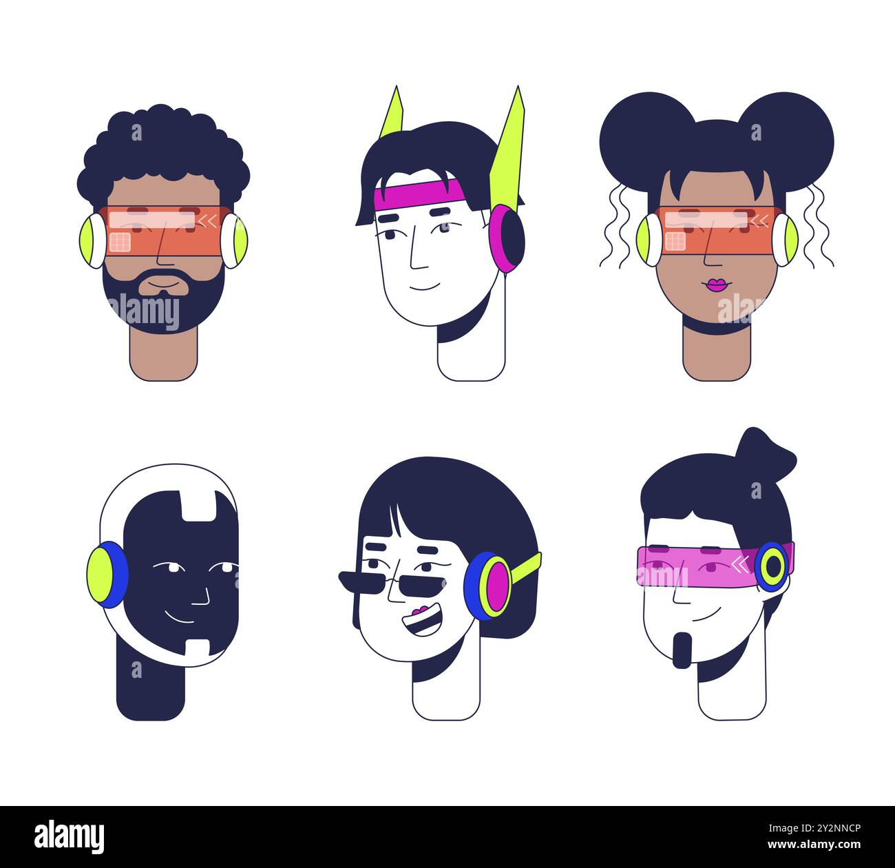 Futuristic people 2D linear vector avatars illustration set Stock ...