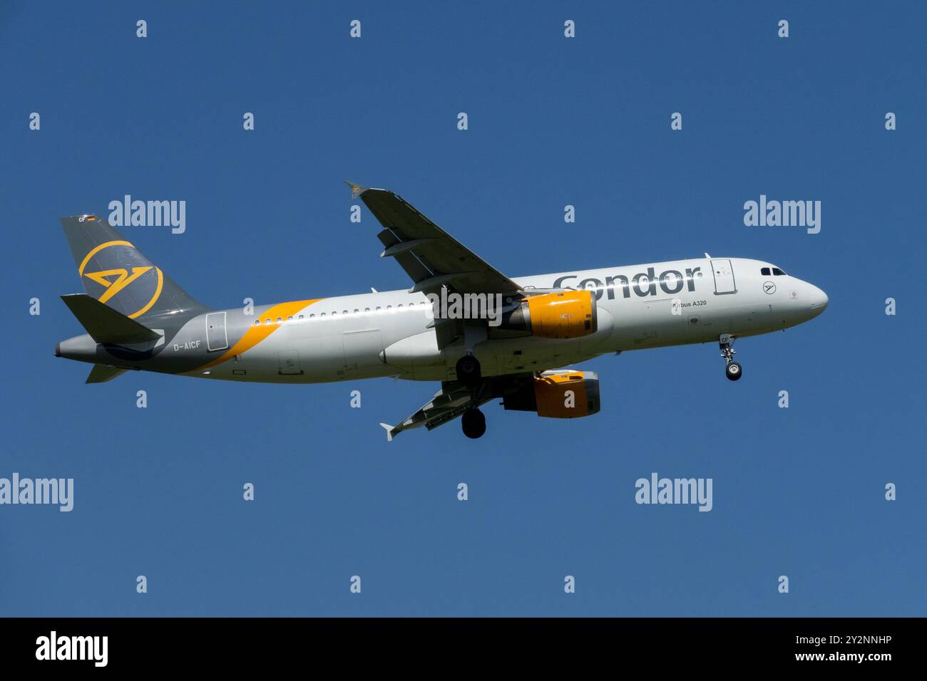 Airbus A320 plane, Airline Condor flying against blue sky, Leipzig ...