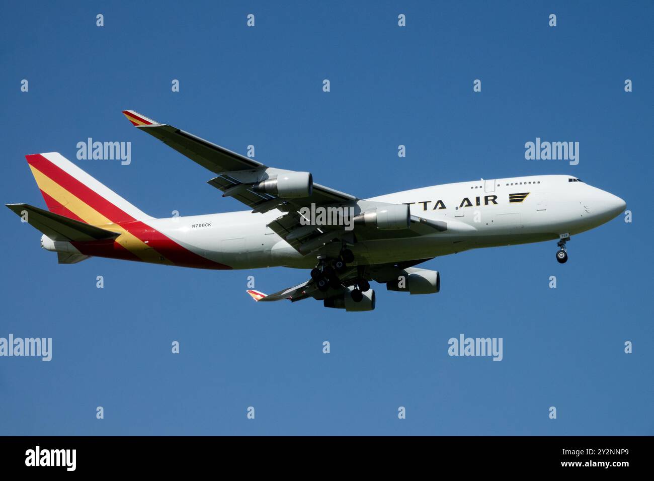 A Kalitta Air Company Boeing 747 cargo plane approaches Leipzig Germany ...