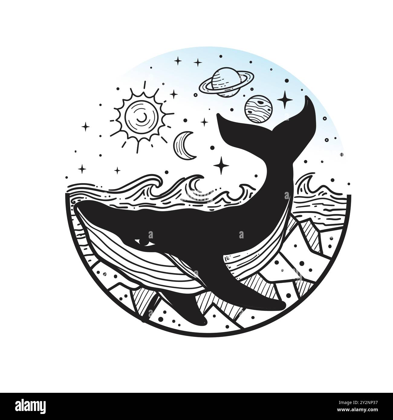 hand drawn whale and planets in solar system. Astronomical galaxy space ...