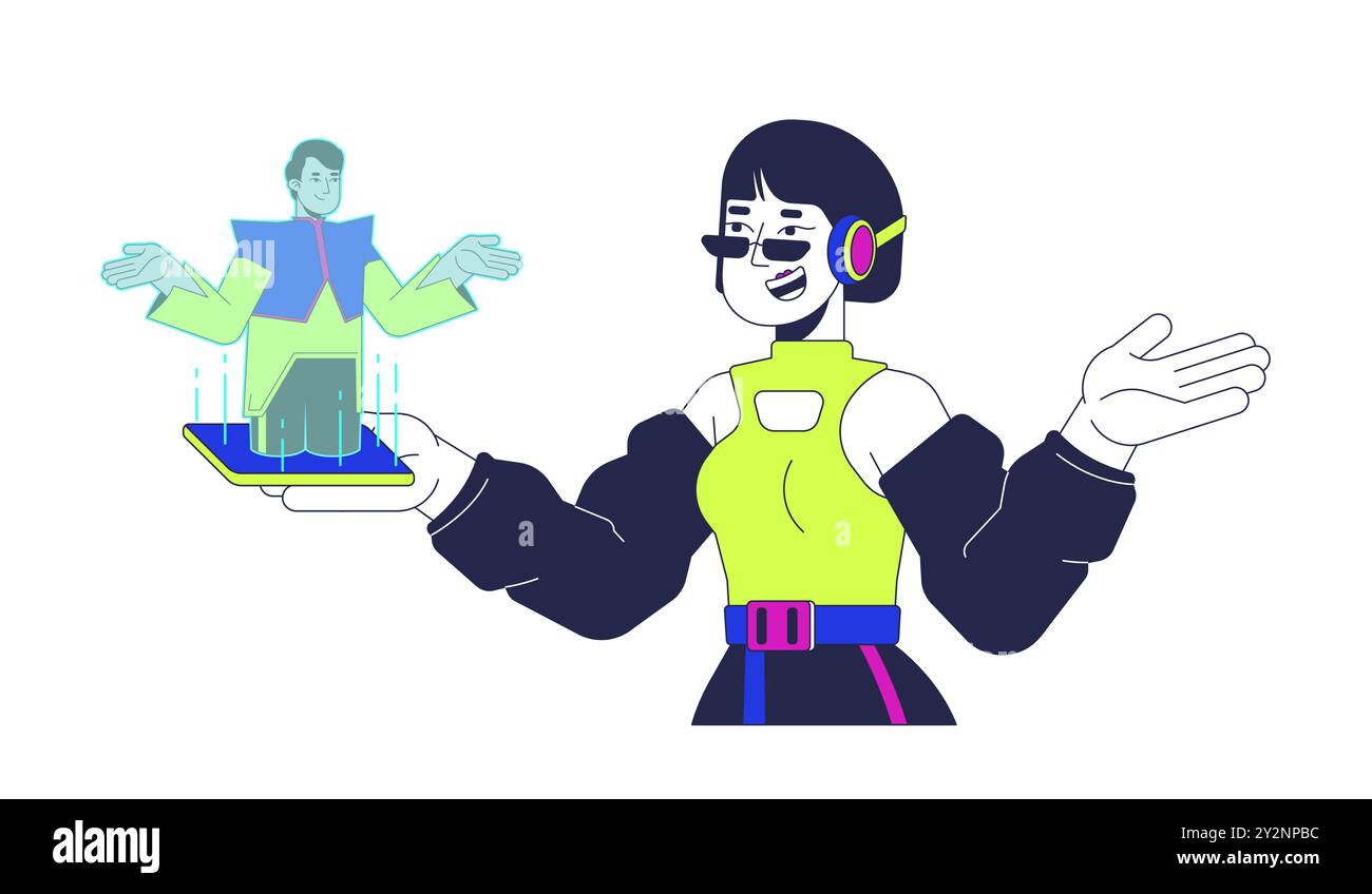 Futuristic woman talking to hologram man 2D cartoon characters Stock ...