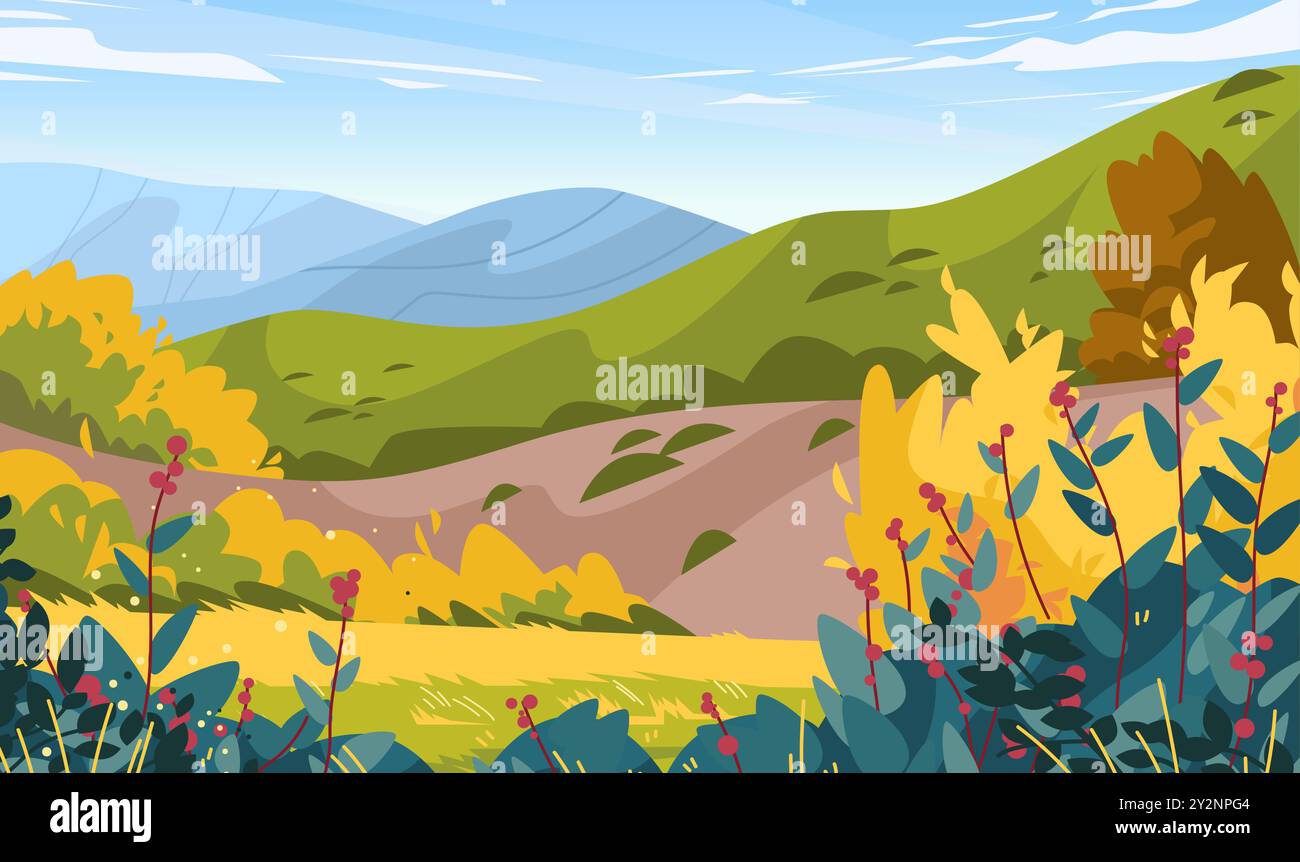 Colorful landscape with rolling hills green foliage and flowering ...