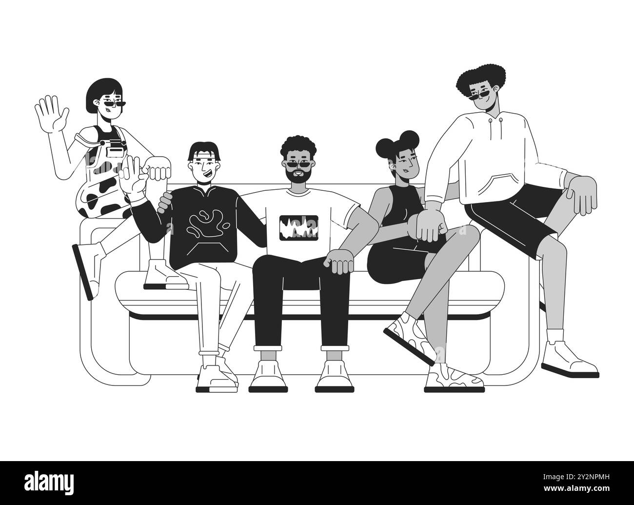 Best friends group sitting on couch black and white 2D line characters ...