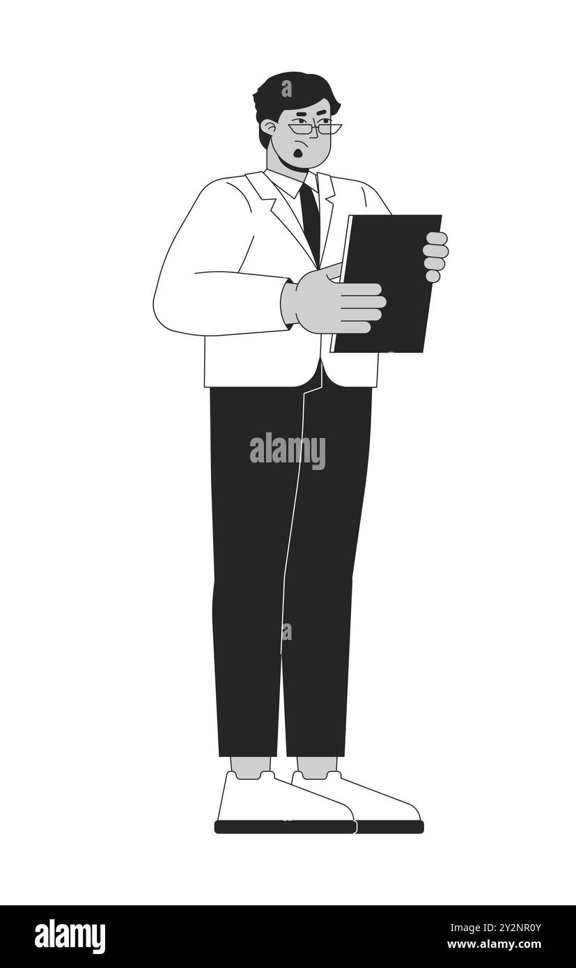 Tensed male tv show host holding clipboard black and white 2D line ...